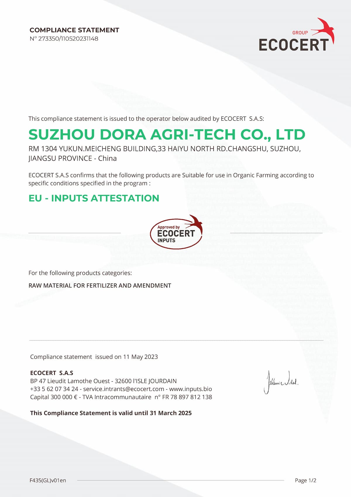 Ecocert Fertilizer Certificate For Dora Arouse Alginate Oligosaccharide